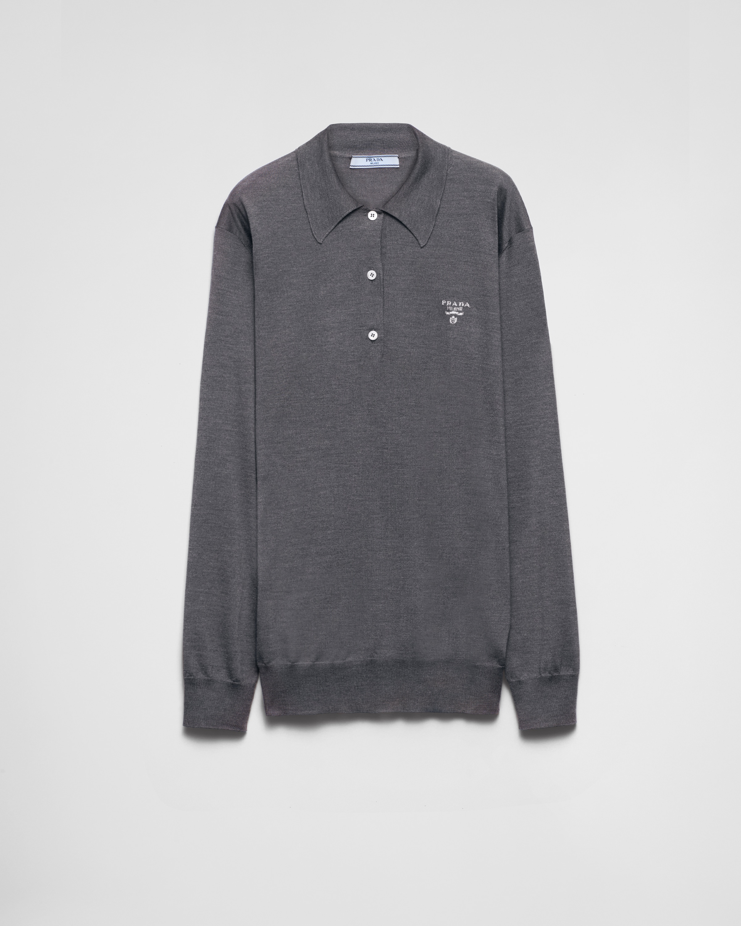 Prada Long-Sleeved Silk Polo Shirt - Slate Gray | Editorialist